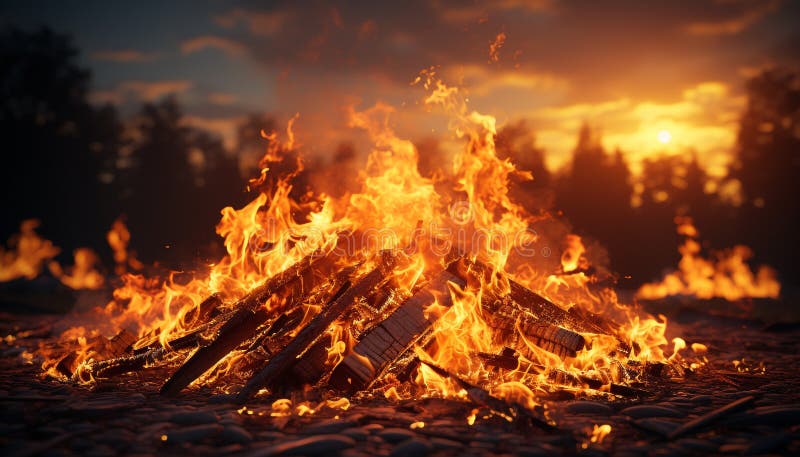 Flame Igniting Nature Beauty, Burning Bright in Summer Dusk Generated ...