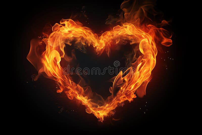Flame Love Fire Heart Shape on Black Background, AI Generated Stock ...