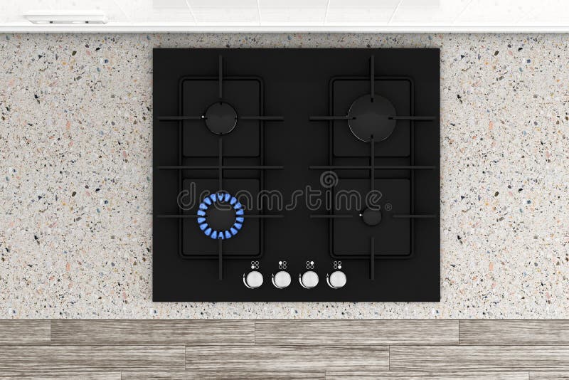 Flame of Methane Gas with Black Modern Kitchen Gas Stove Top View. 3d ...