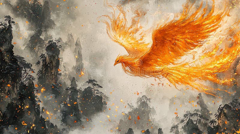 Flame Phoenixes Fly in the Mountains Stock Illustration - Illustration ...