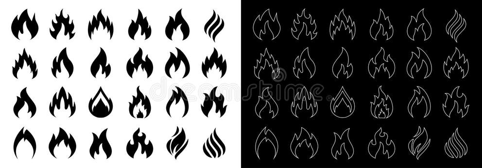 Flame Silhouettes, Set of Fire Icons, Solid and Outline Style Flames ...