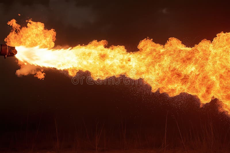 Flame Thrower Unleashes a Massive Fire Blast during a Nighttime Demonstration in a Clear Sky ...