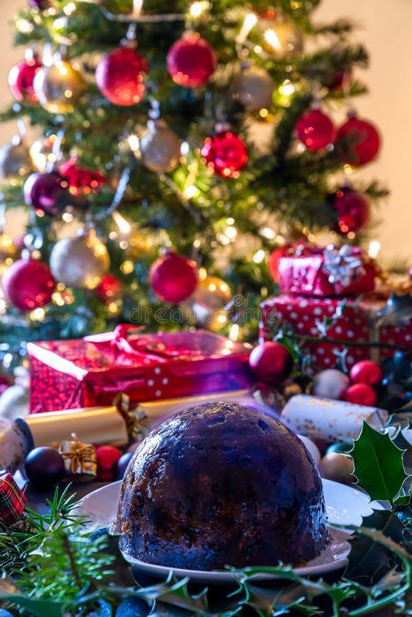 Flamed Plum Pudding stock photo. Image of holly, food - 160654842