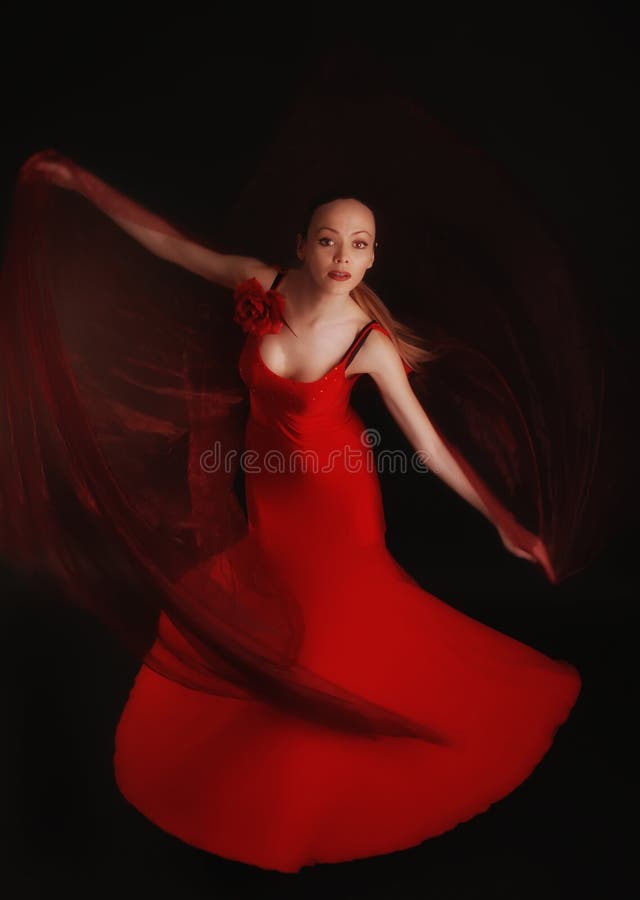 Flamenco Dancer in Red Dress with Veil Stock Image - Image of latin ...