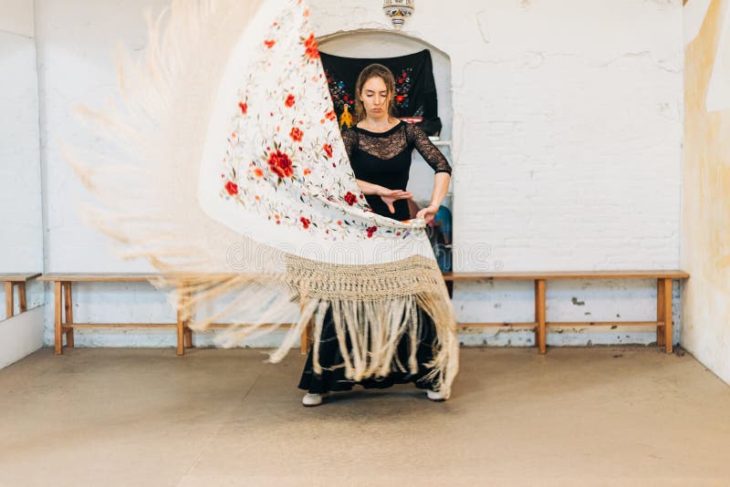 Flamenco Woman Dancer Dancing with Flower Shawl Stock Photo - Image of ...