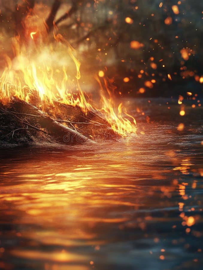 Flames Burning on Calm Water Surface, One Piece of Wood Splintering Off ...