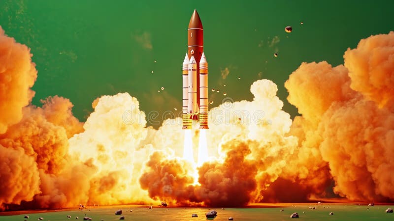 Flames Burst from the Base of a Rocket As it Rises Rapidly. Green ...