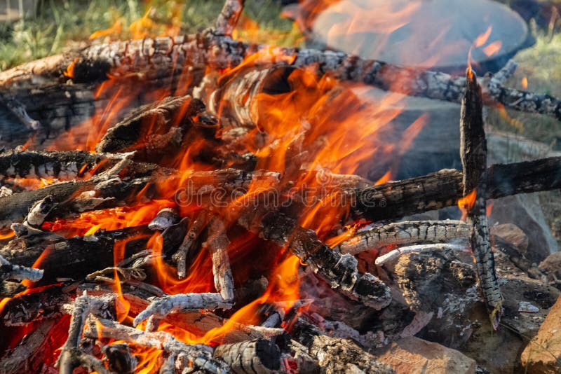 Flames, Campfire Fire on Picnic with Cauldron in Nature in Summer Stock ...