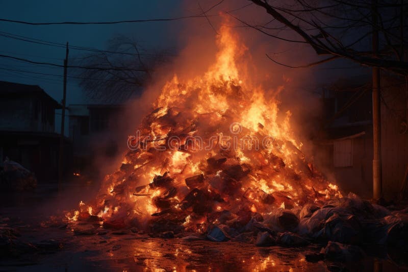Flames Consuming a Pile of Plastic Waste at Night Stock Image - Image ...