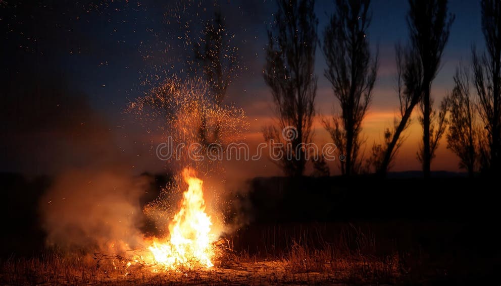Bright Flames Dance Under a Dark Sky, Illuminating the Night with ...
