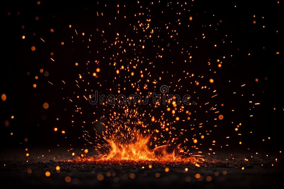 Flames Dance Amid Glowing Embers with Fire Particles Illuminating a ...