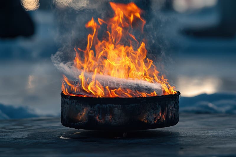 Flames Dancing Above a Rugged Metal Disc on a Cold Winter Surface at ...