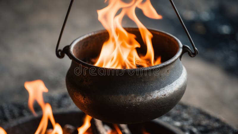 Flames Dancing in a Metal Pot Over a Cozy Fire. Stock Photo - Image of ...