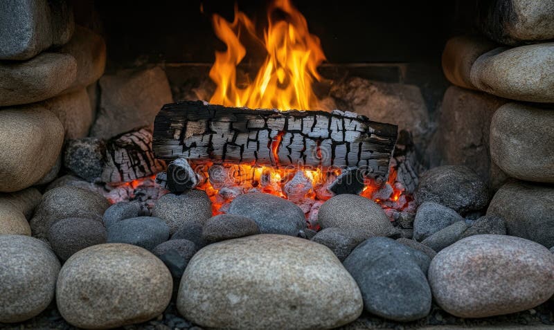 Flames Dancing in a Stone Fireplace Stock Photo - Image of fireplace ...