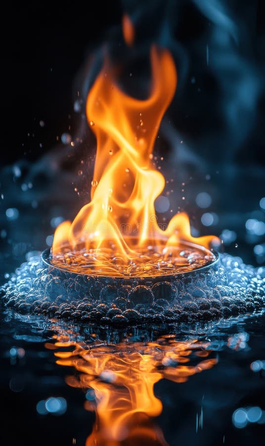 Flames Dancing on Water Surface at Night in a Vibrant Display of Light ...