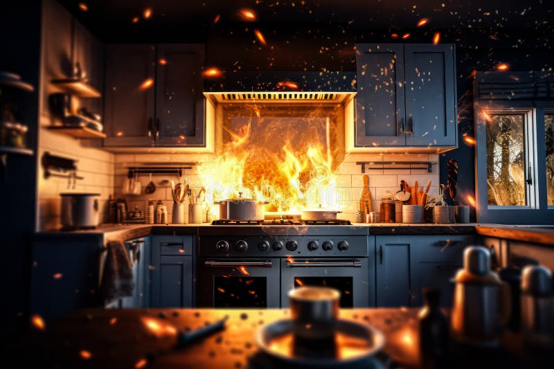 Flames Engulf a Kitchen, Billowing Thick Smoke into the Air Stock Image ...