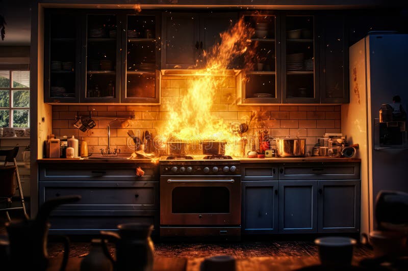 Flames Engulf a Kitchen, Billowing Thick Smoke into the Air Stock Image ...