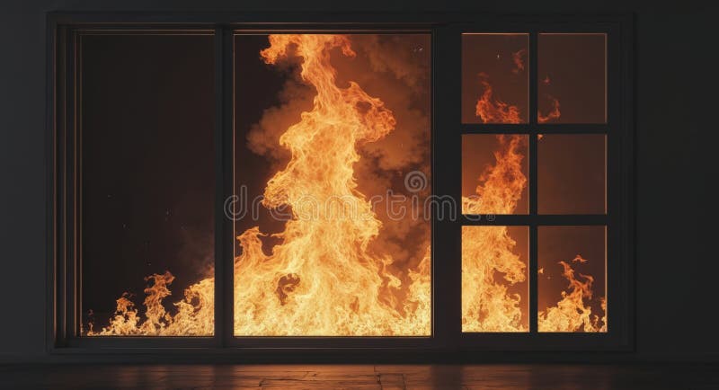 Flames Engulf a Room As a Fire Rages Outside a Large Window in the ...