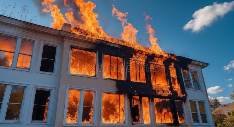 Flames Engulf a Room through the Windows during a Fire at a Residential ...