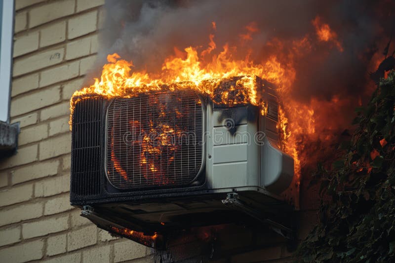 Flames Engulfing an Air Conditioning Unit Mounted on a Brick Wall ...