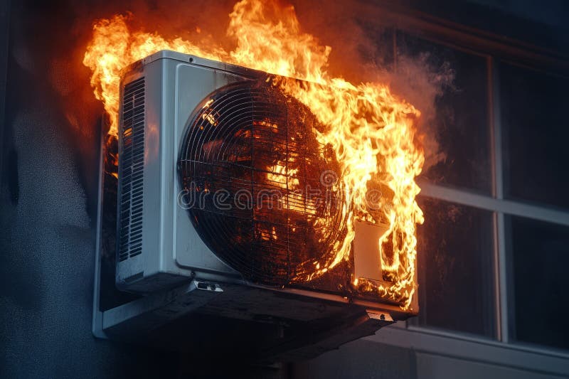 Flames Engulfing an Air Conditioning Unit Mounted on a Building ...