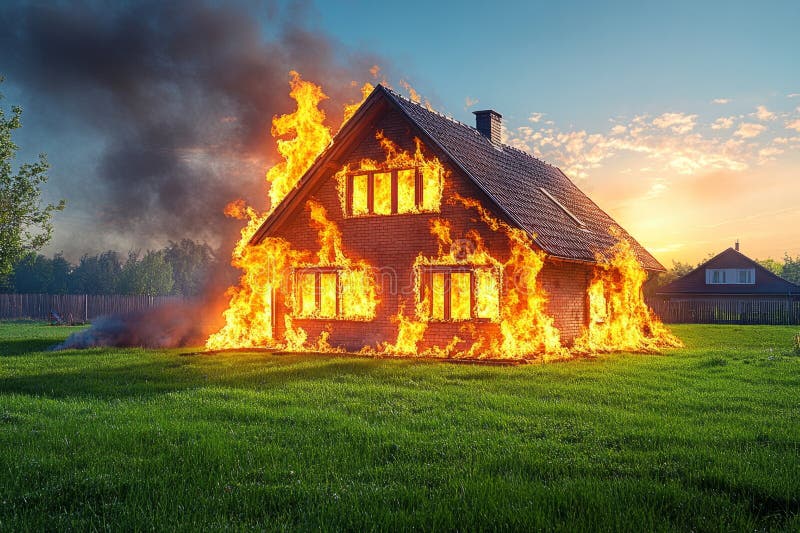 Flames Engulfing a Burning Brick House at Sunset, Creating a Dramatic ...