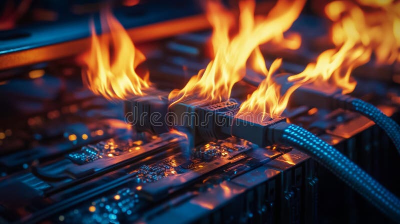 Flames Engulfing Computer Hardware with Cables during a Dramatic ...