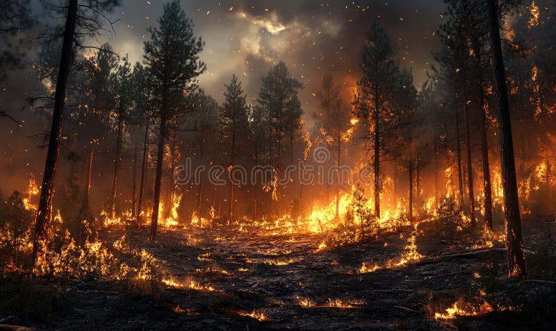 Flames Engulfing a Forest of Tall Pine Trees, the Fire Spreading ...