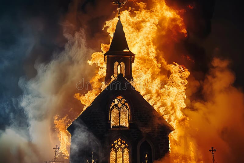Large Fire Engulfing Historic Church at Night Stock Image - Image of ...