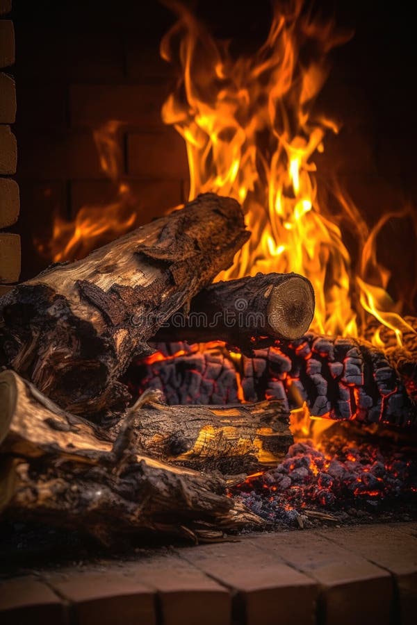 Flames Engulfing a Log in a Cozy Fireplace Stock Illustration ...