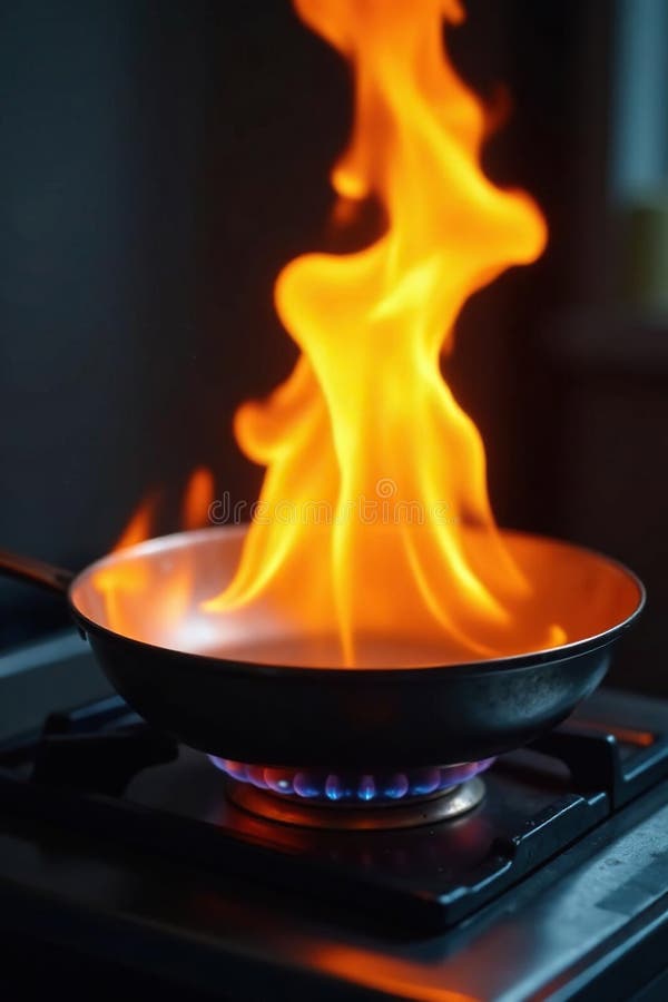 Flames Engulfing a Metal Frying Pan on Stovetop Surface, Warning ...