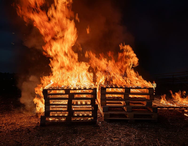 Flames Engulfing a Stack of Old Wooden Pallets, Illustrating the ...