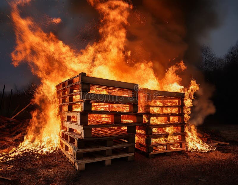 Flames Engulfing a Stack of Old Wooden Pallets, Illustrating the ...