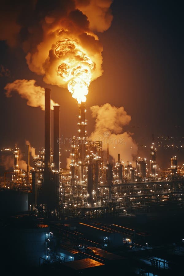 Flames Erupt from an Industrial Facility at Night, Illuminating the Sky ...