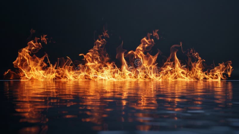 Flames Erupting Against a Dark Background Reflecting on Water Surface ...