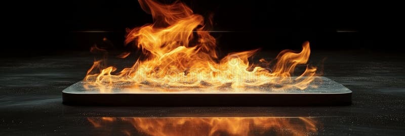 Flames of Fire Burning on a Square Metal Plate, Isolated on Black ...