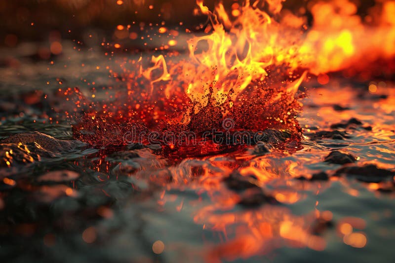 Flames of Fire on the Ground at Sunset, Shallow Depth of Field Stock ...