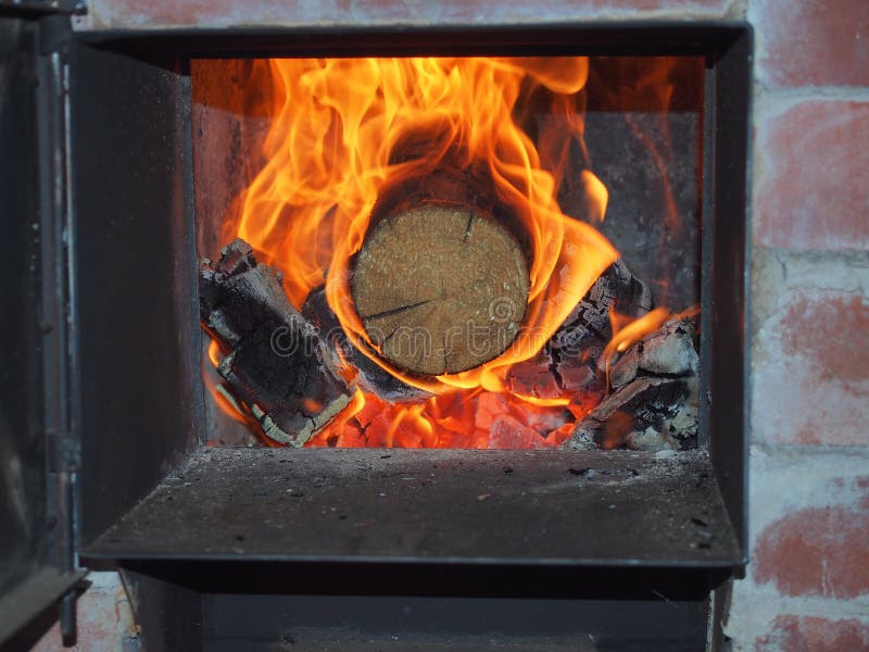 The Flames in the Firebox. Burning Firewood Stock Image - Image of ...
