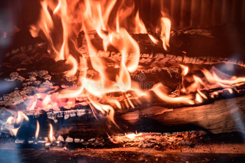 Flames from Firewood in the Fireplace, Fire through the Glass. Stock ...