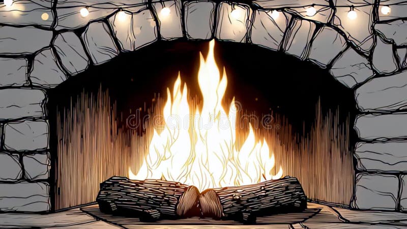 Flames Flicker in Rustic Stone Fireplace Casting Warm Light on ...