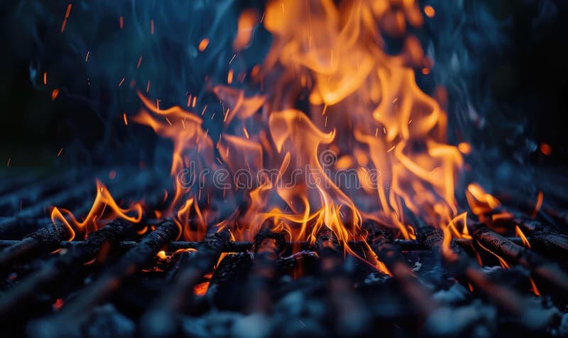 Flames Flicker Wildly on an Empty Grill, with the Deep Black Background ...