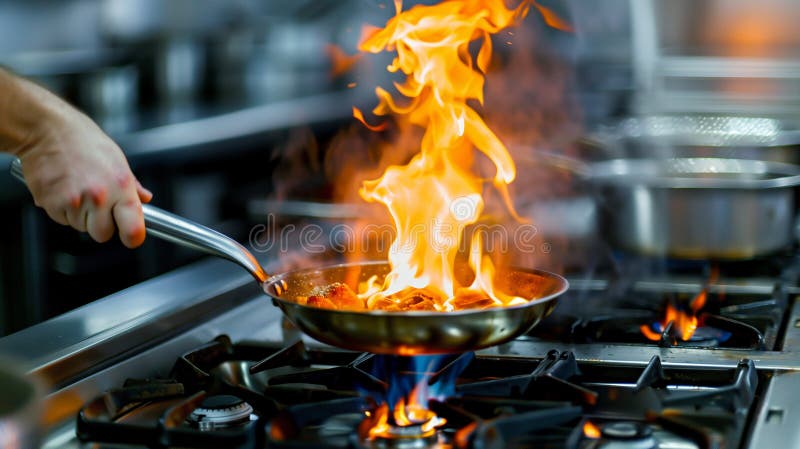 Flames of a Food Pan Held by a Chef Over a Gas Stove in Kitchen Stock ...