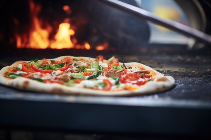 Flames Inside an Industrial Pizza Oven with Pizzas Cooking Stock Photo ...