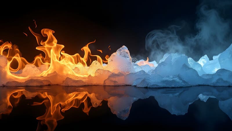 Flames Intertwined with Icy Blue Textures on a Black Background Stock ...