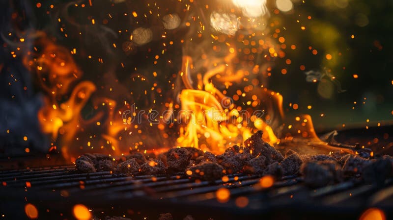 Flames Light Up Grill, Smoke Billows Stock Image - Image of grilling ...