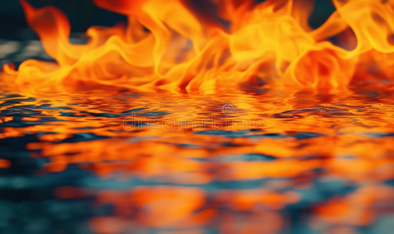 Flames Reflecting Water Surface Creating Dramatic Visual Contrast Stock ...