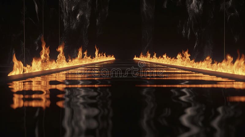 Flames Rise from a Dark, Reflective Surface, Surrounded by Jagged Rocks ...