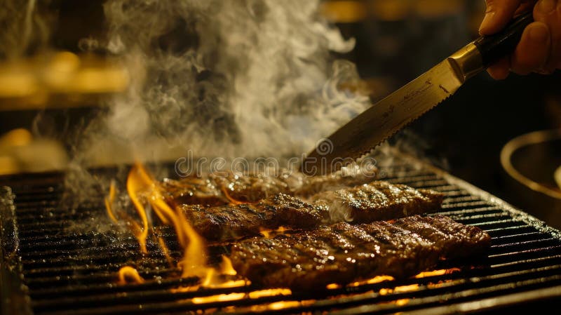 Flames, Smoke, and Activities in a Lively Kitchen As Steaks are ...