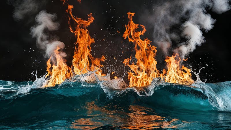 Flames Surging through Ocean Waves in Energetic Visual Chaos Stock ...