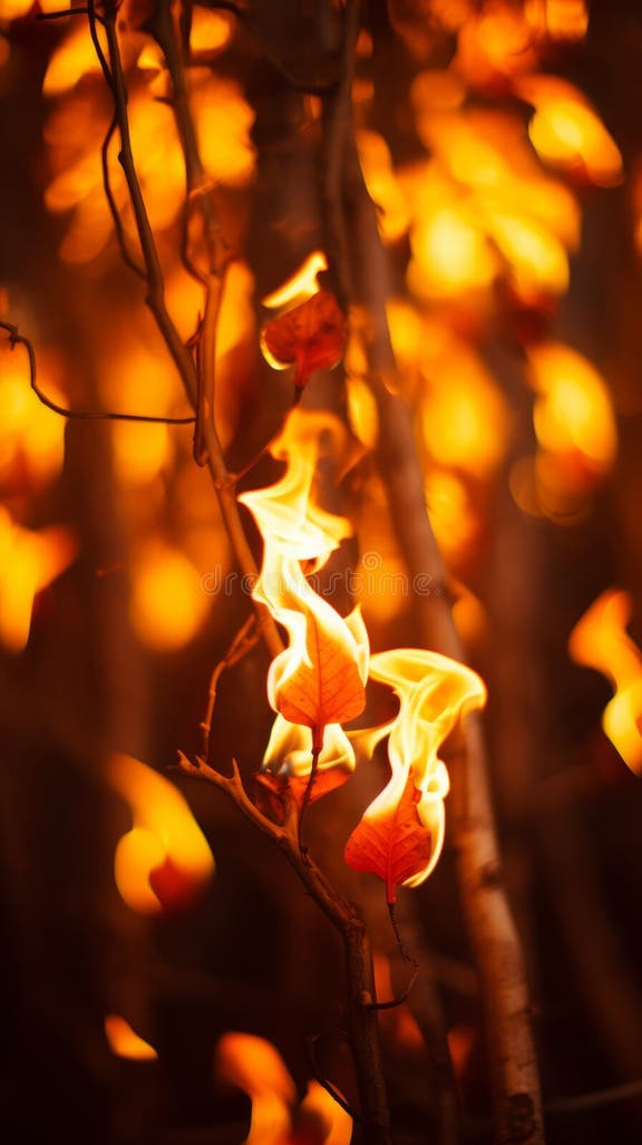 Flames on a Tree Branch in the Dark Stock Image - Image of bright ...